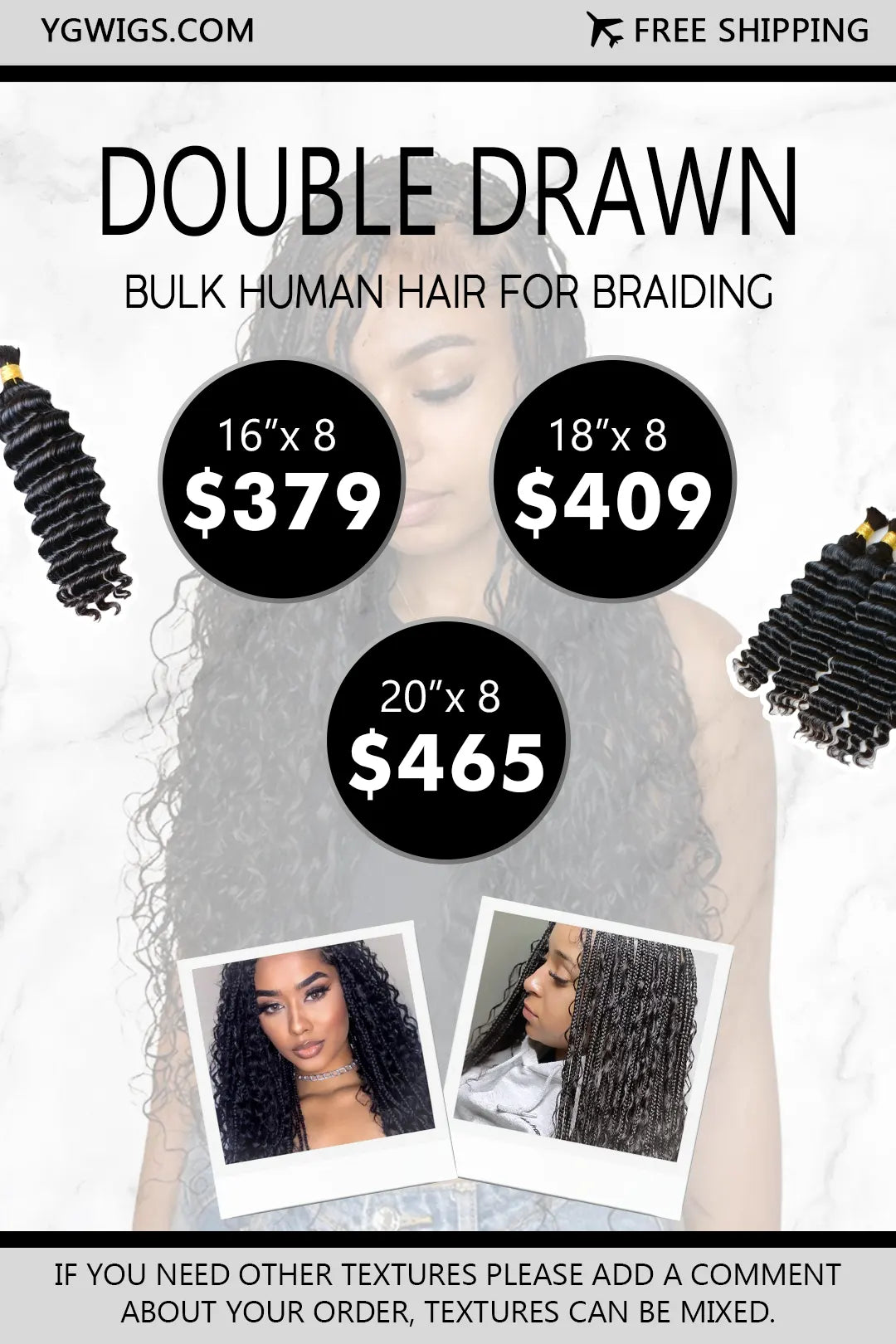8-Pack Double Drawn Bulk Hair Kit 8 Curly Styles Natural Black