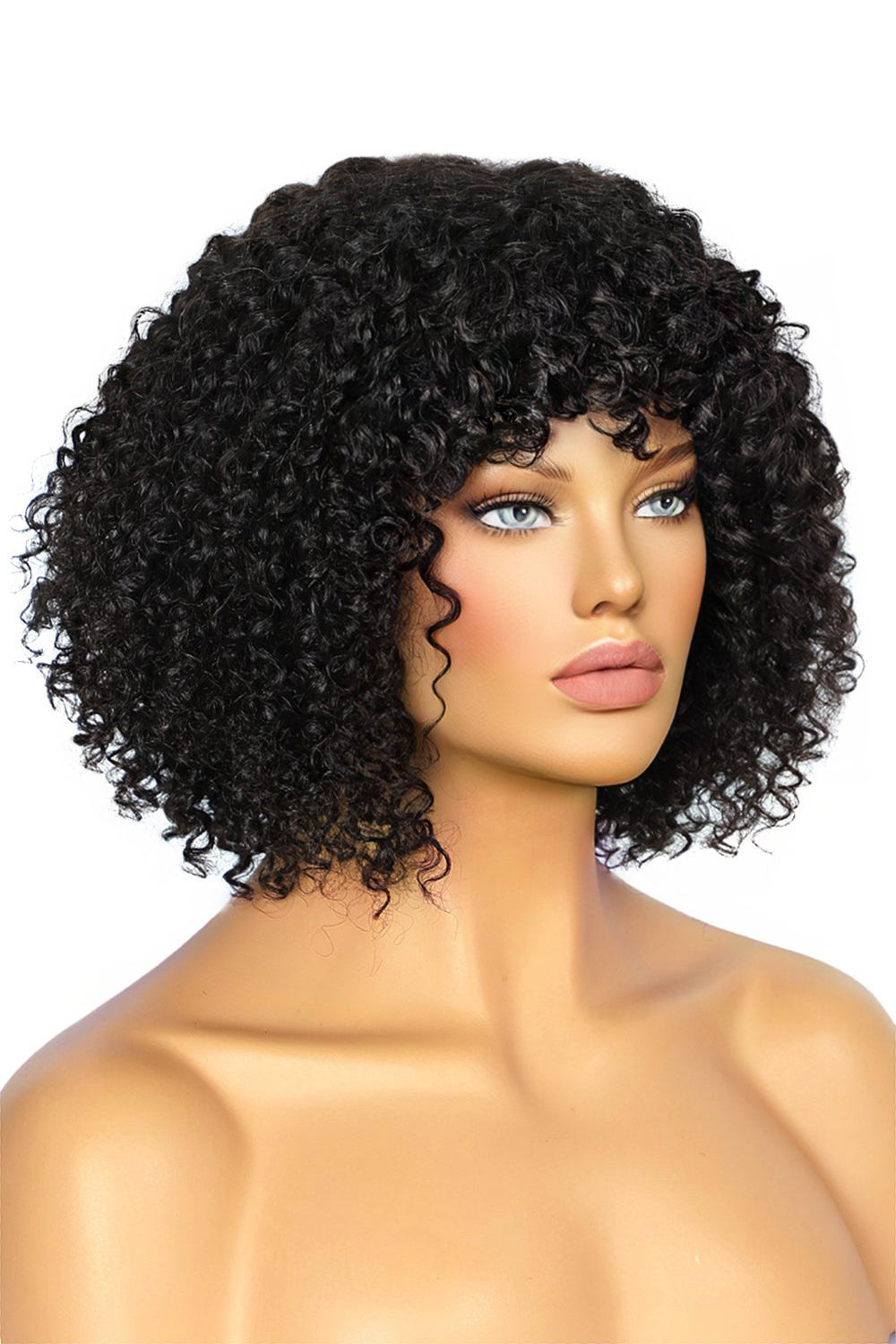 No Glue Lace Top Wigs 12 inch Curly Bob Human Hair with Bangs
